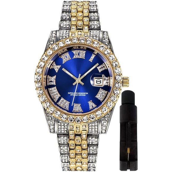 HUNRUY | Accessories | Mens Blue Icedout Bling Diamond Luxury Quartz ...